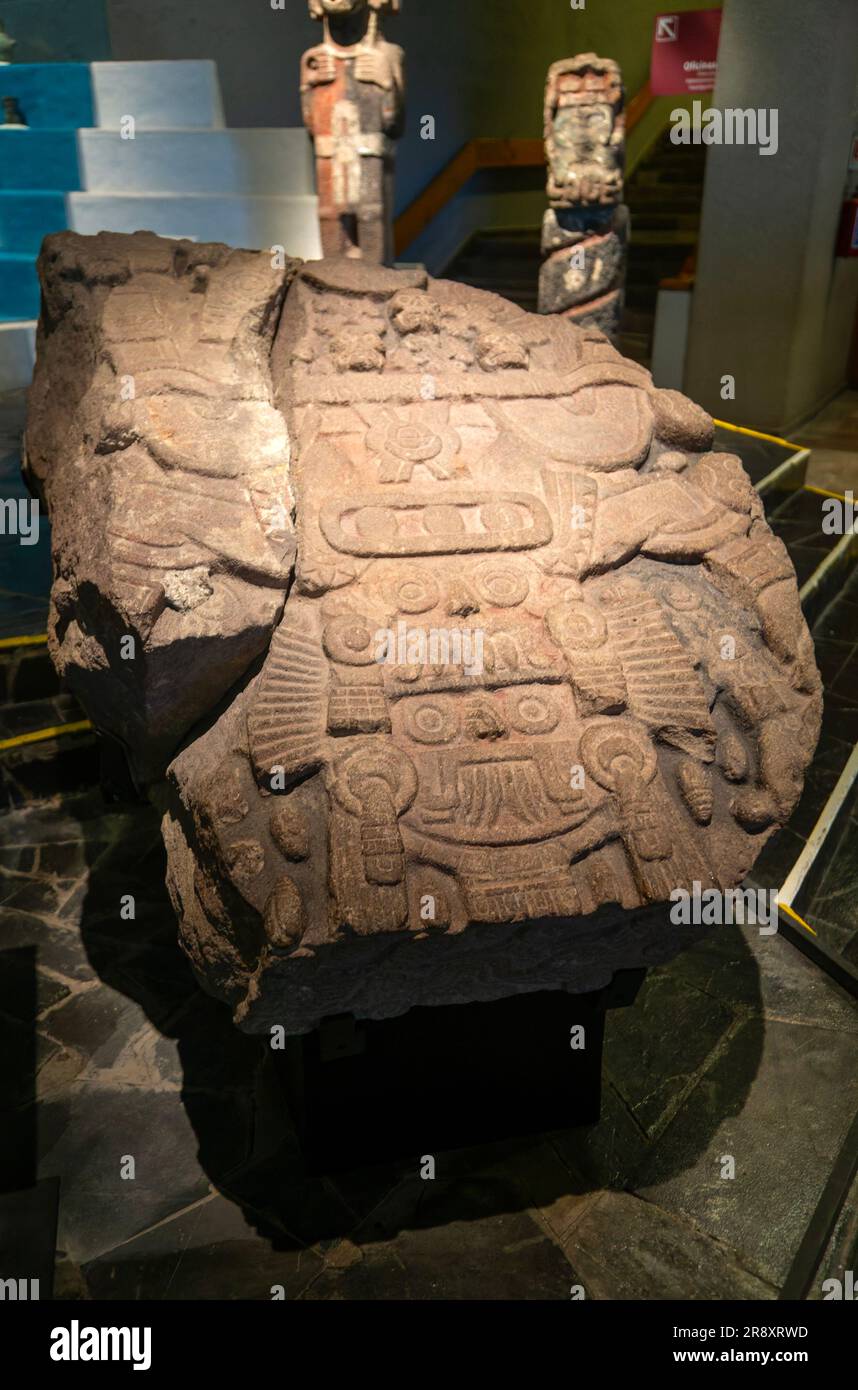 Carved stone monument depicting Tlaloc and Tlaltecuhtli, gods of water ...