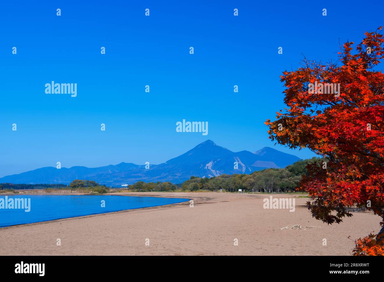 Lake Inawashiro and Mt. Bandai in Autumn Leaves Stock Photo - Alamy
