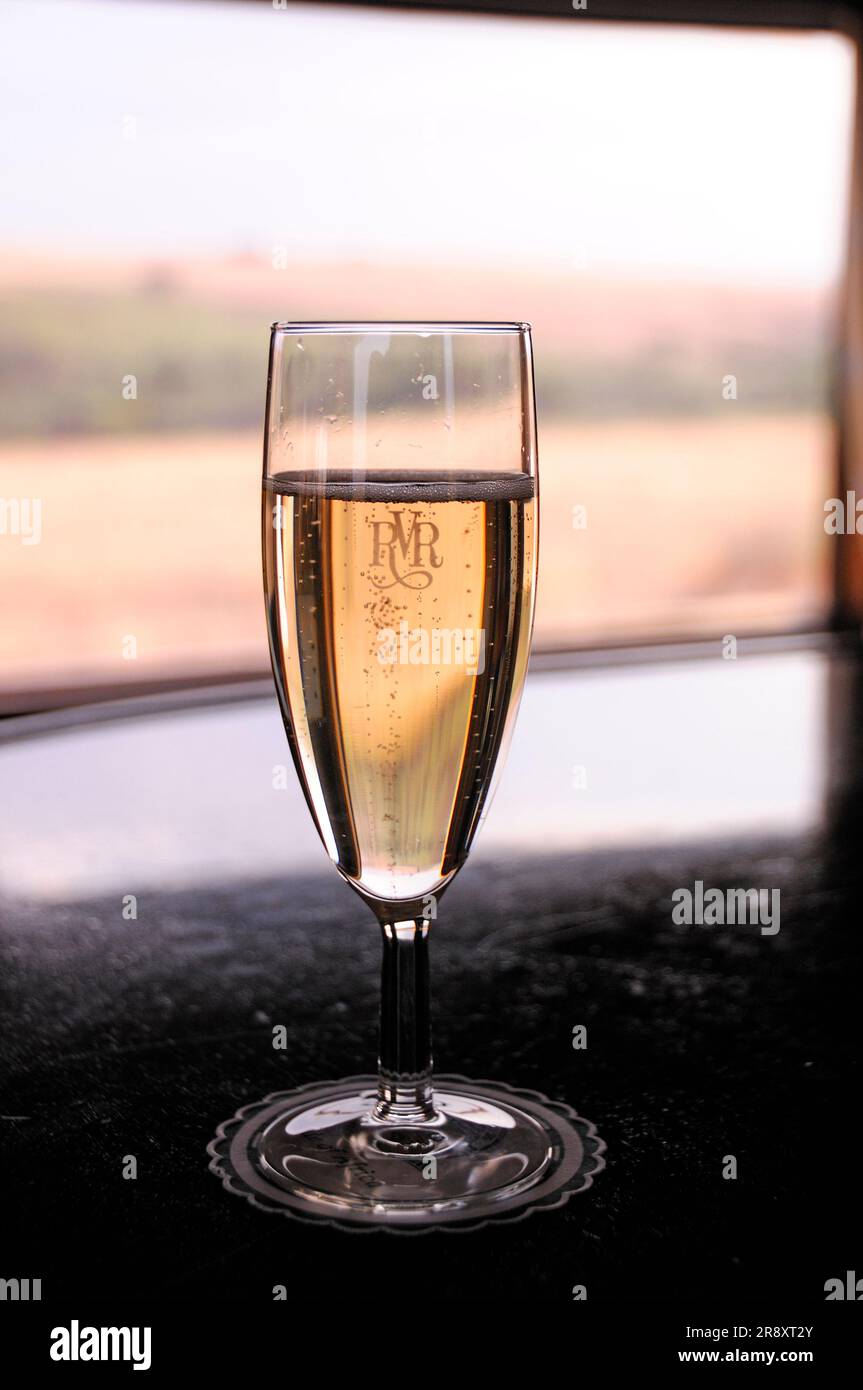 Wine glass in front of a window on the Rovos Rail, Train, from Pretoria ...