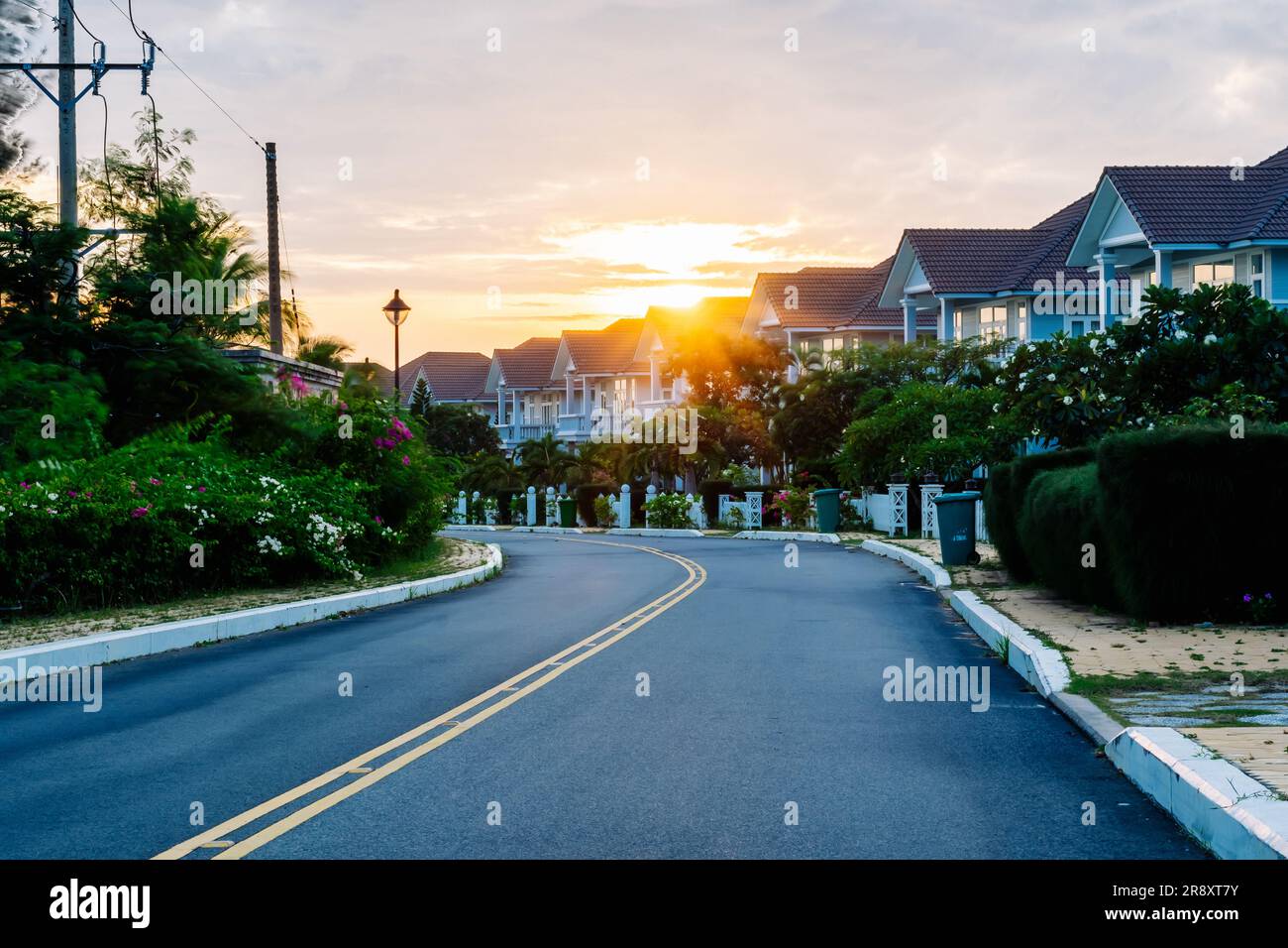 Modern cottages row road sidewalk two story buildings residential ...