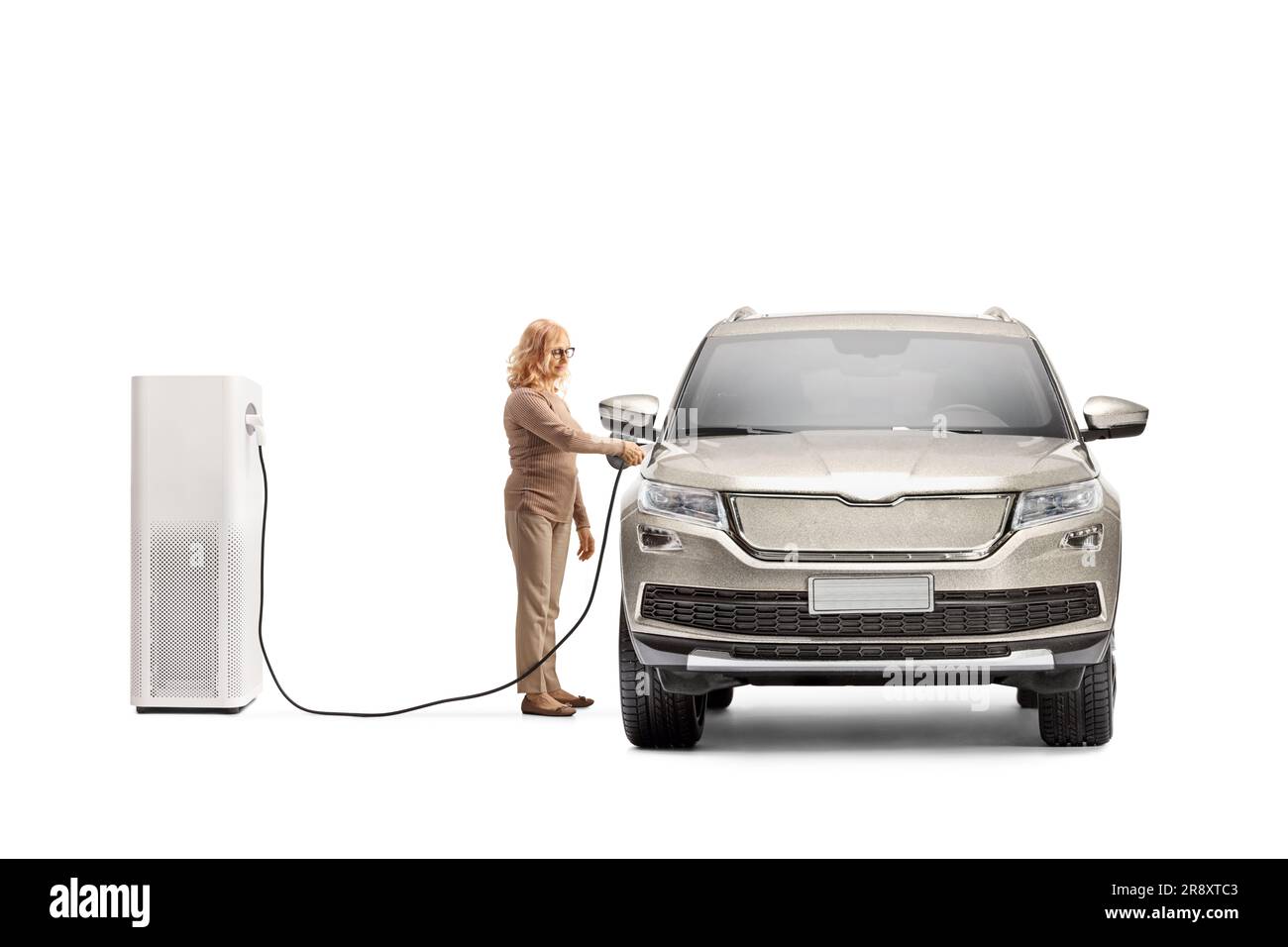 Woman plugging EV charger into a SUV isolated on white background Stock ... Woman plugging EV charger into a SUV isolated on white background Stock ...