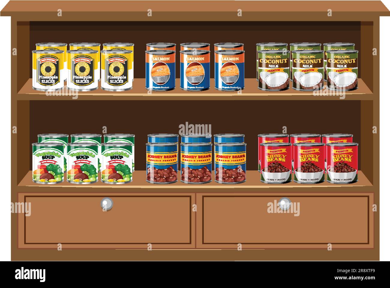 Canned food on wooden shelf illustration Stock Vector Image & Art - Alamy