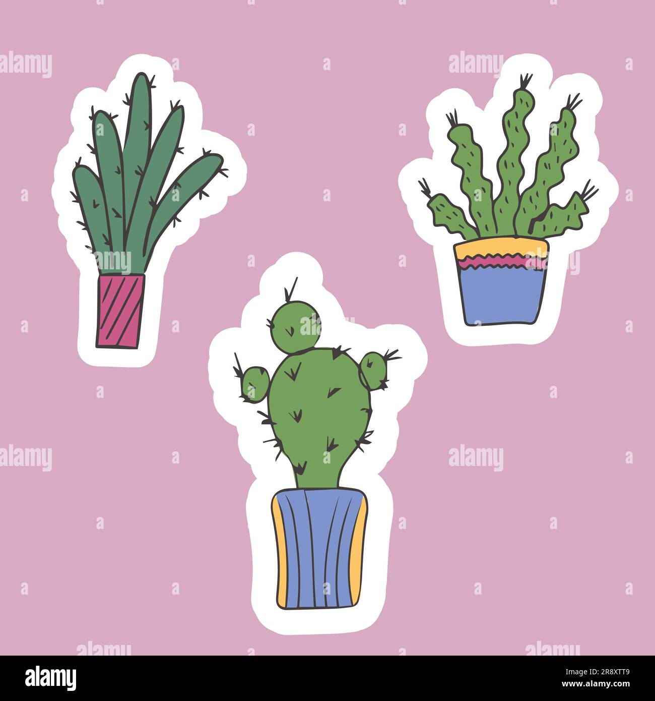 Set of cute stickers of cacti in pots. Indoor plants. For the design of ...