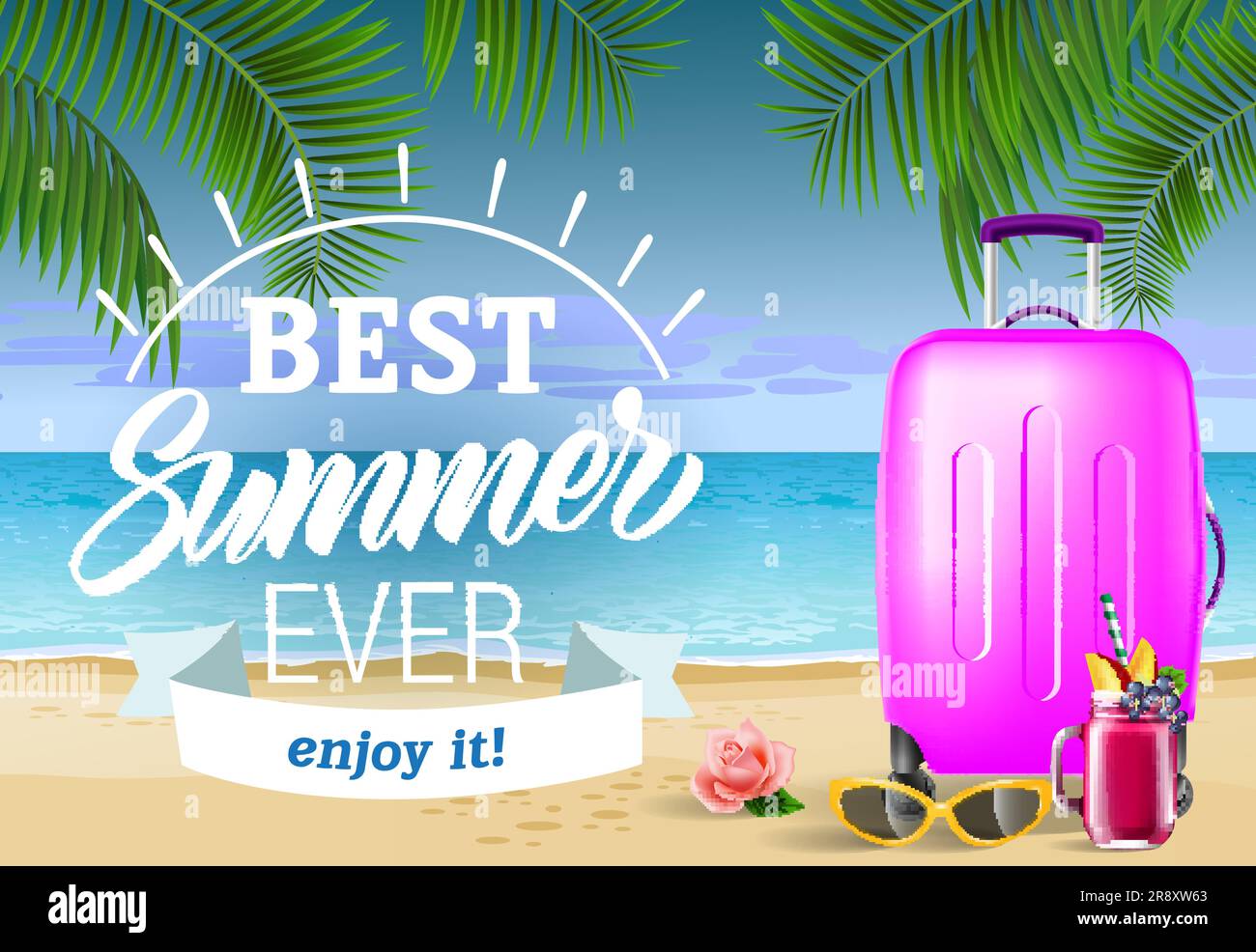 Best summer ever, enjoy it lettering with sea beach and suitcase Stock ...