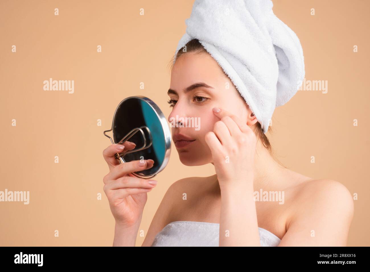 Acne blemish spots skin on woman. Skin of beauty young girl, looking in ...