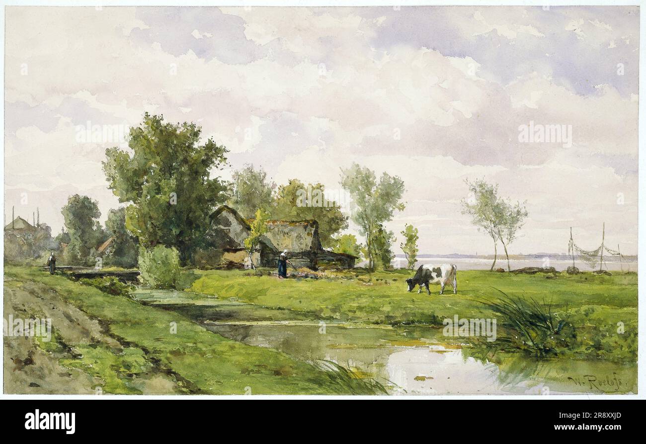 Farmhouse by a Ditch, 1875-1880. Rural scene with canal and cows Stock ...