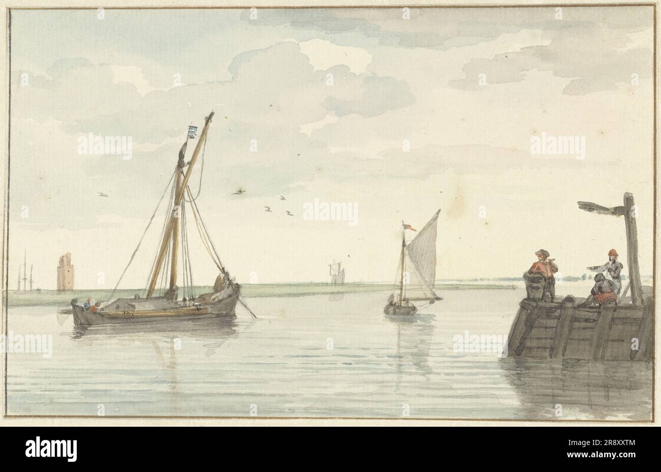 The stone fire beacon and the harbor head of Durgerdam, 1756 Stock ...