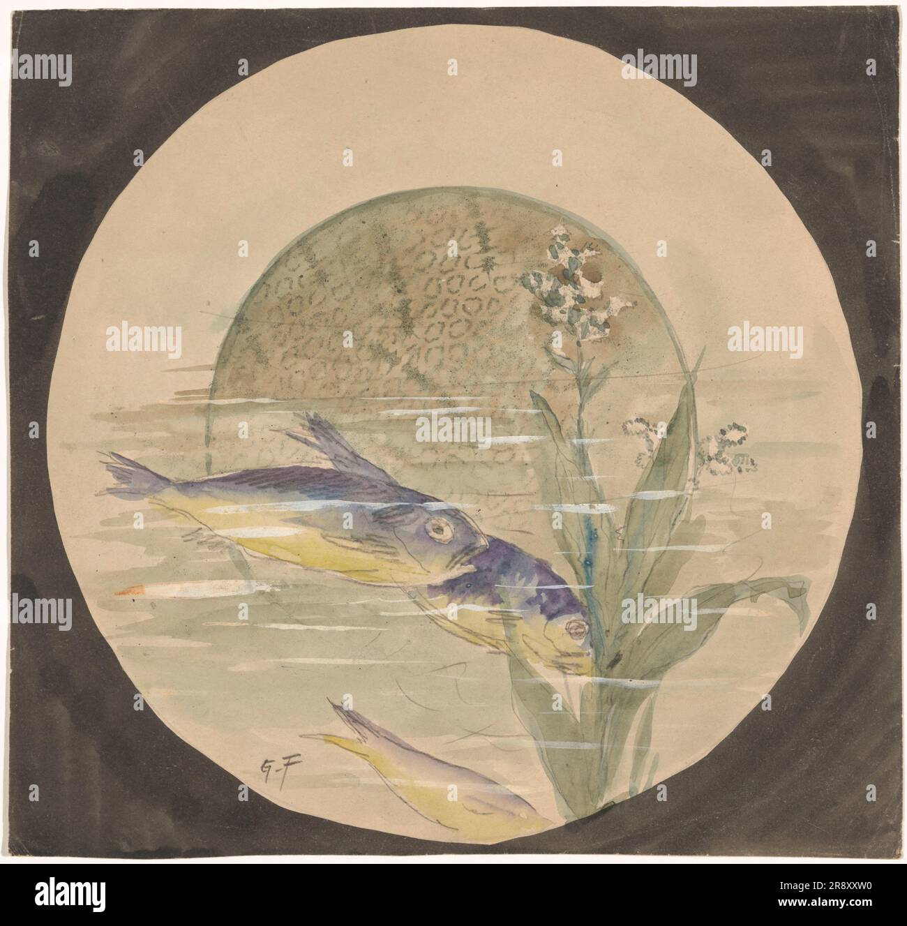Design for a plate with three blue and yellow fish and a water plant, c ...