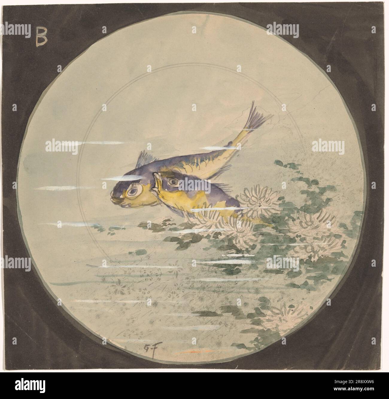 Design for a plate with two blue and yellow fish and waterlilies, c ...