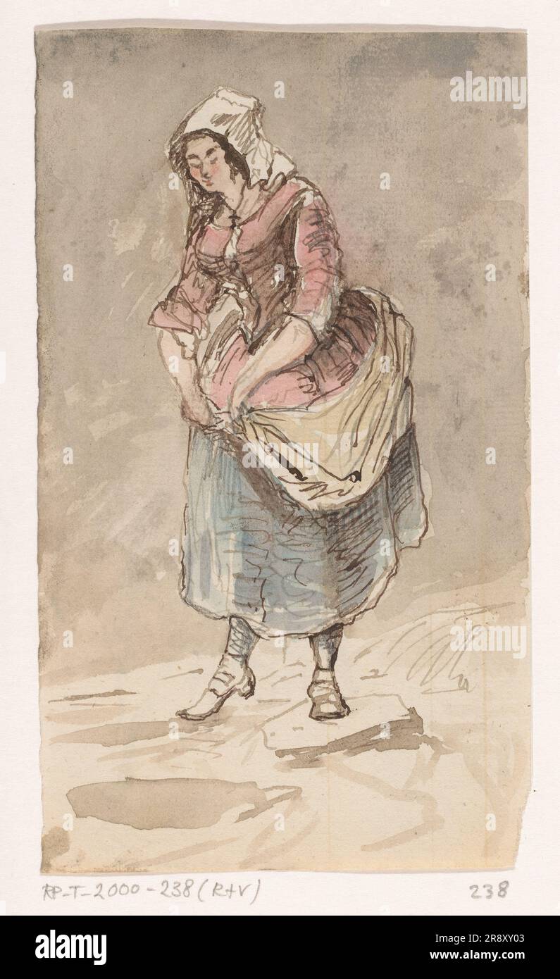 Female, 1840-1880. Standing woman rolling up her apron Stock Photo - Alamy