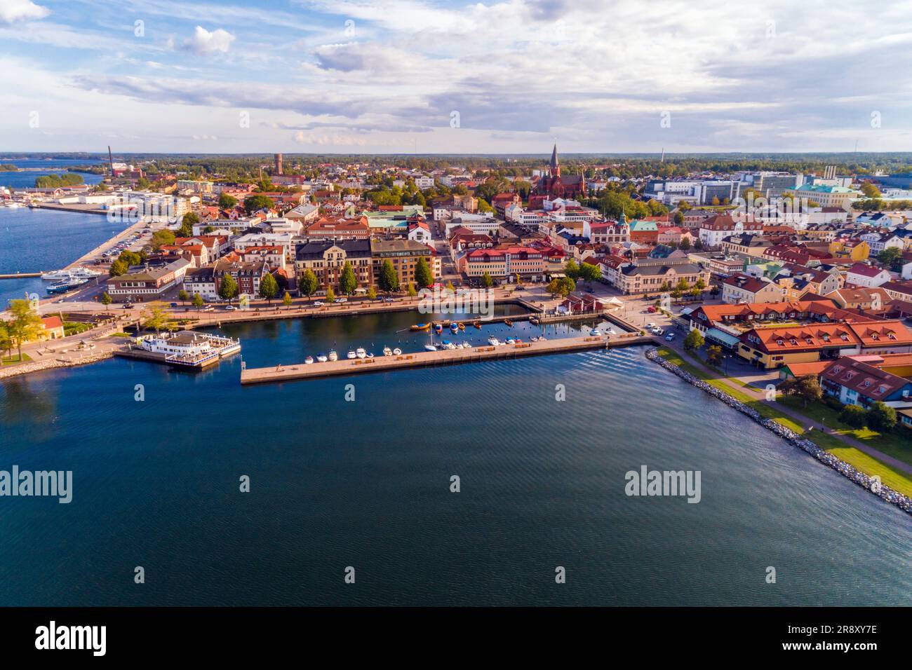 Aerial view of Vastervik city with the harbor and old city, Sweden ...