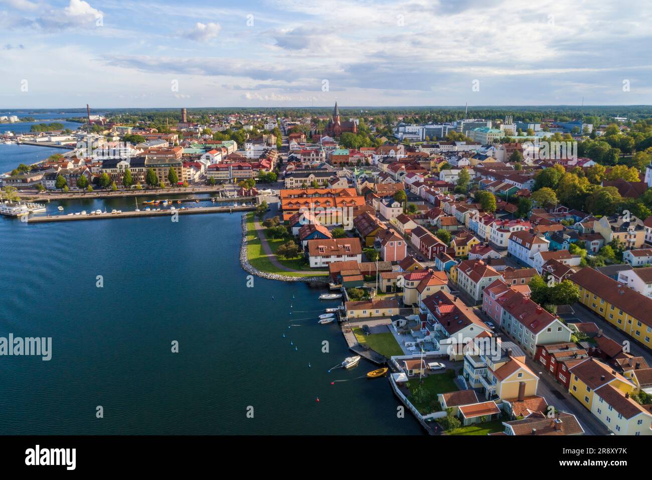Aerial view of Vastervik city with the harbor and old city, Sweden ...