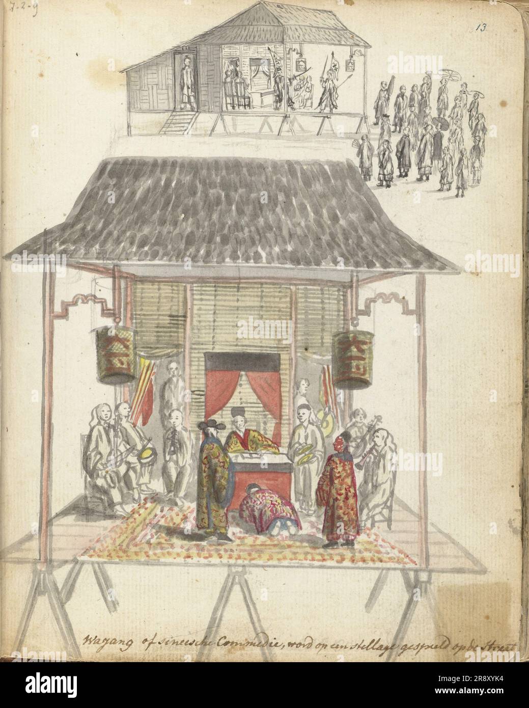 Chinese street theatre, 1779-1785. Sword fight. Stage with lanterns ...