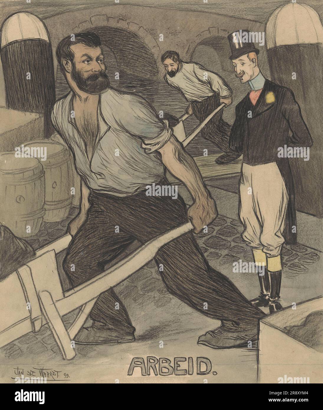 Labour, 1899. Two men with wheelbarrows, porters at work on a quay ...