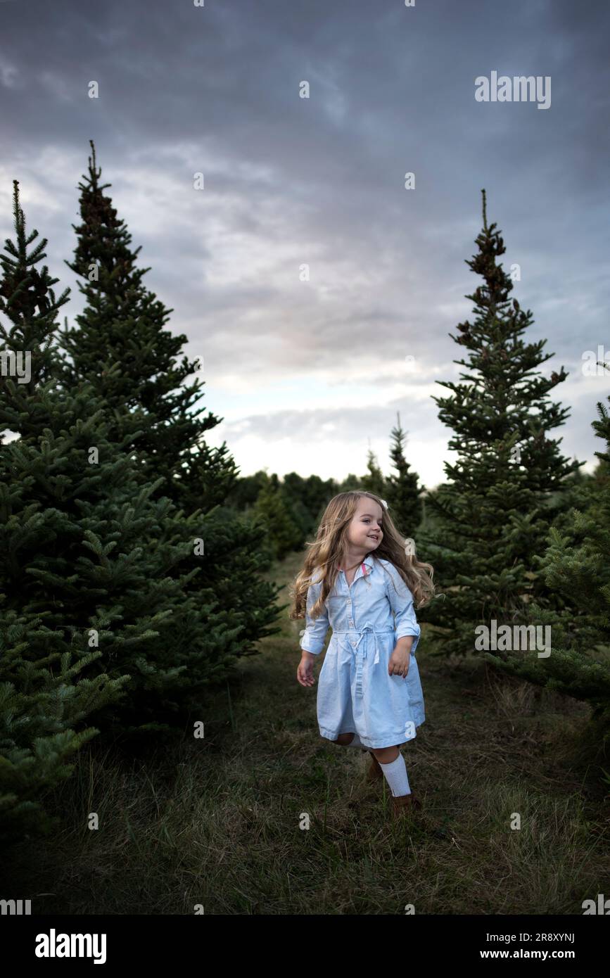 Little girl twirling and smiling with christmas Tree Stock Photo - Alamy