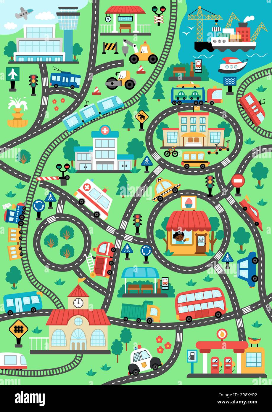 City transport map. Background with railway, roads, traffic signs for ...