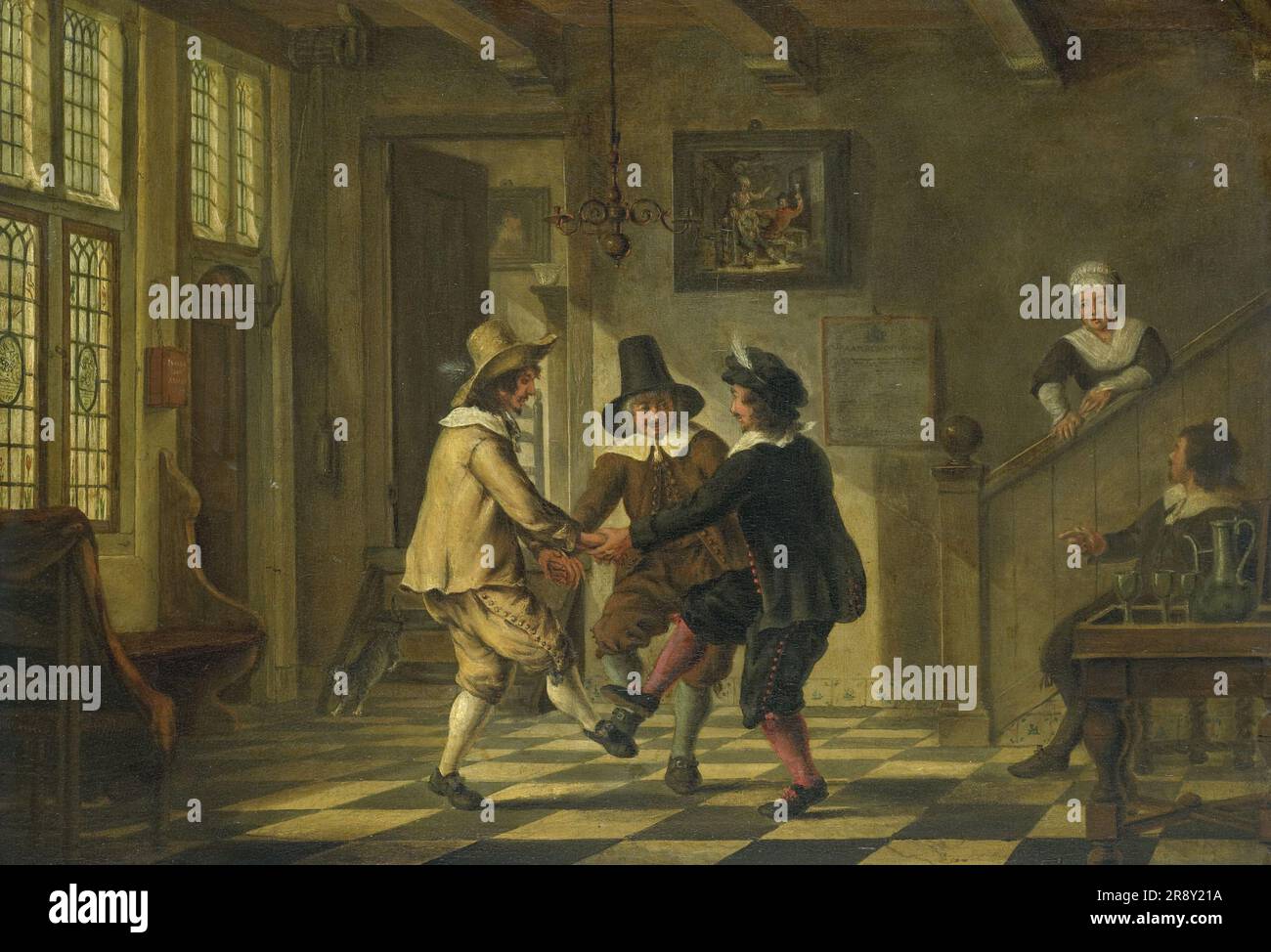 Three men in seventeenth-century costumes dancing in the entrance hall ...