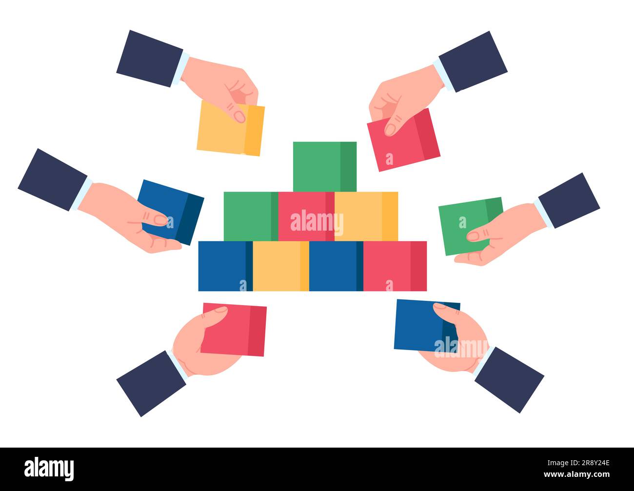 Creating business team. Hands with dice build common pyramid. Partners ...