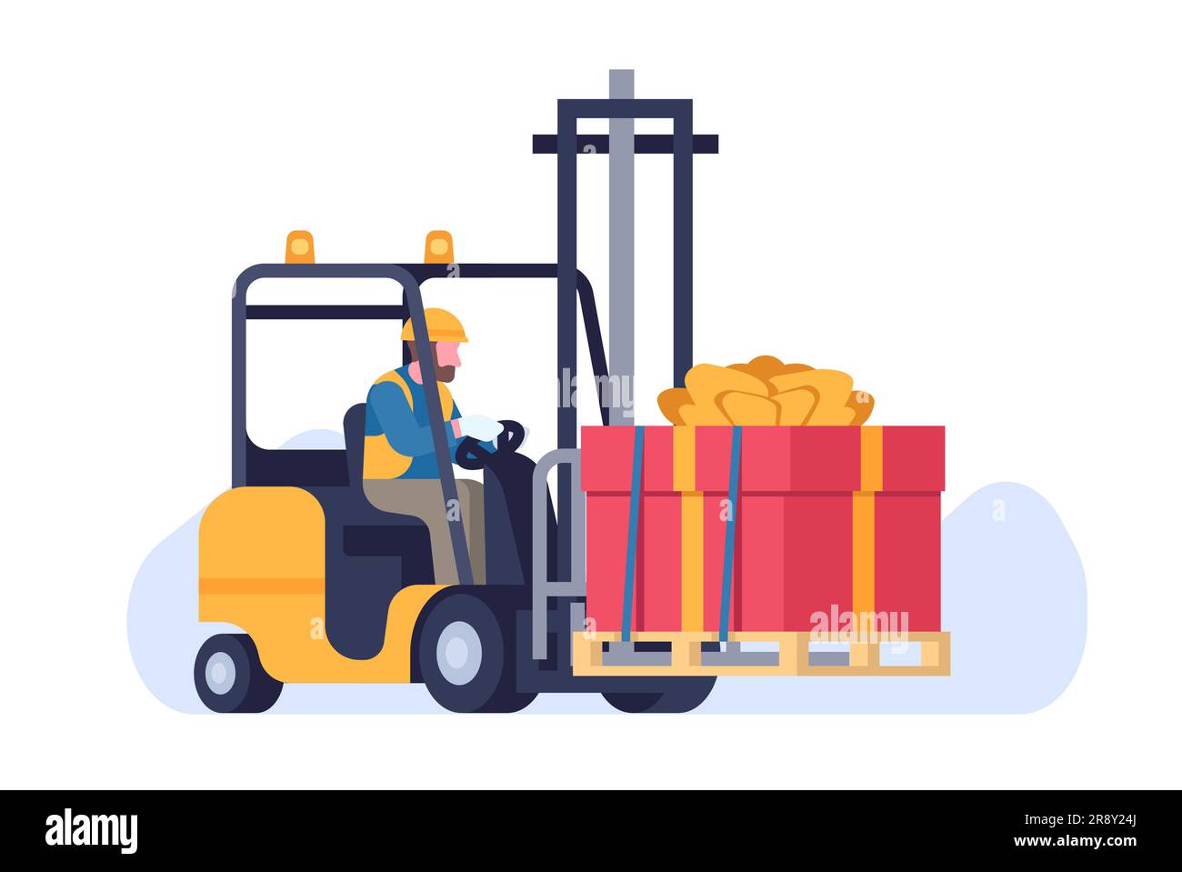Forklift truck with large gift box. Freight transportation. Man driver ...