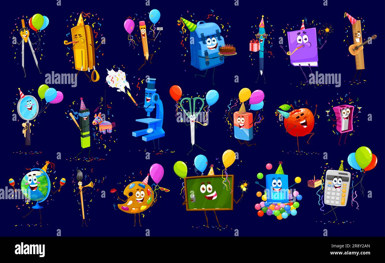 Birthday holiday celebration, cartoon funny stationery characters ...