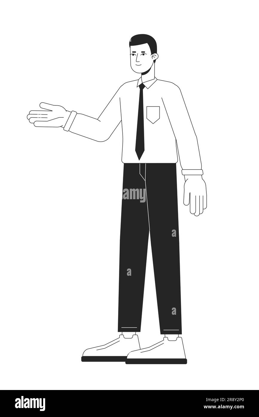 Salesperson presenting flat line black white vector character Stock ...