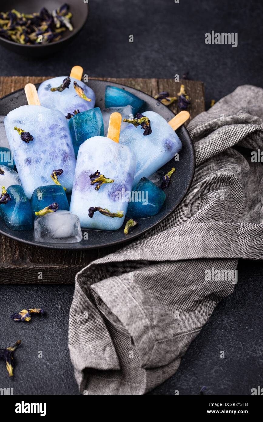 Blue ice cream popsicle from Butterfly pea Stock Photo - Alamy
