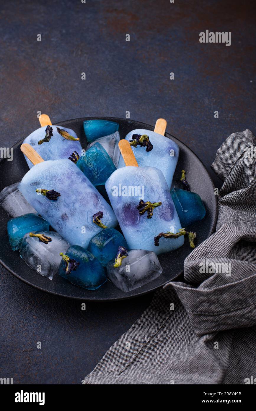 Blue ice cream popsicle from Butterfly pea Stock Photo - Alamy
