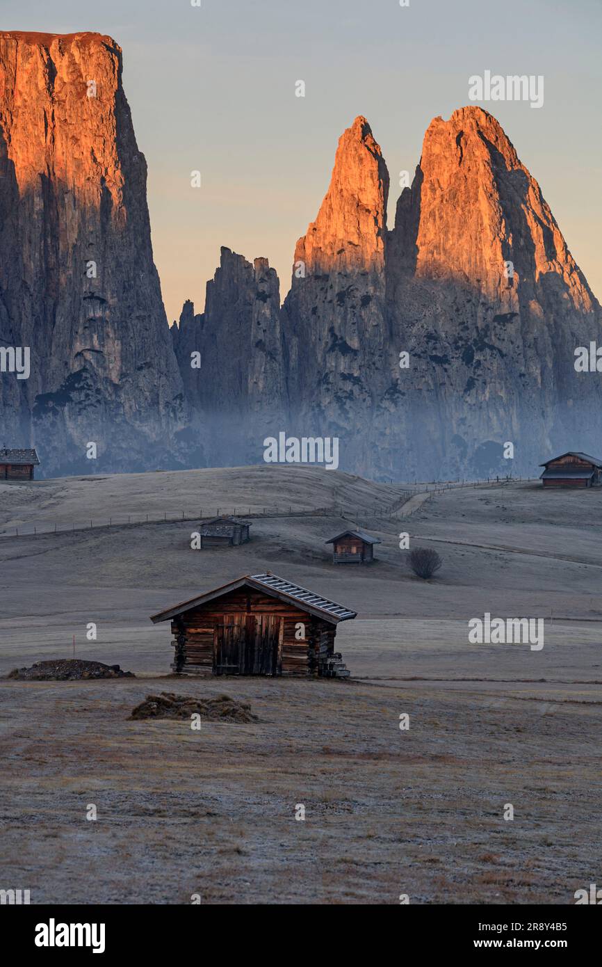 Mountain huts at sunrise, Seiser Alm, in background Schlern, Dolomites ...