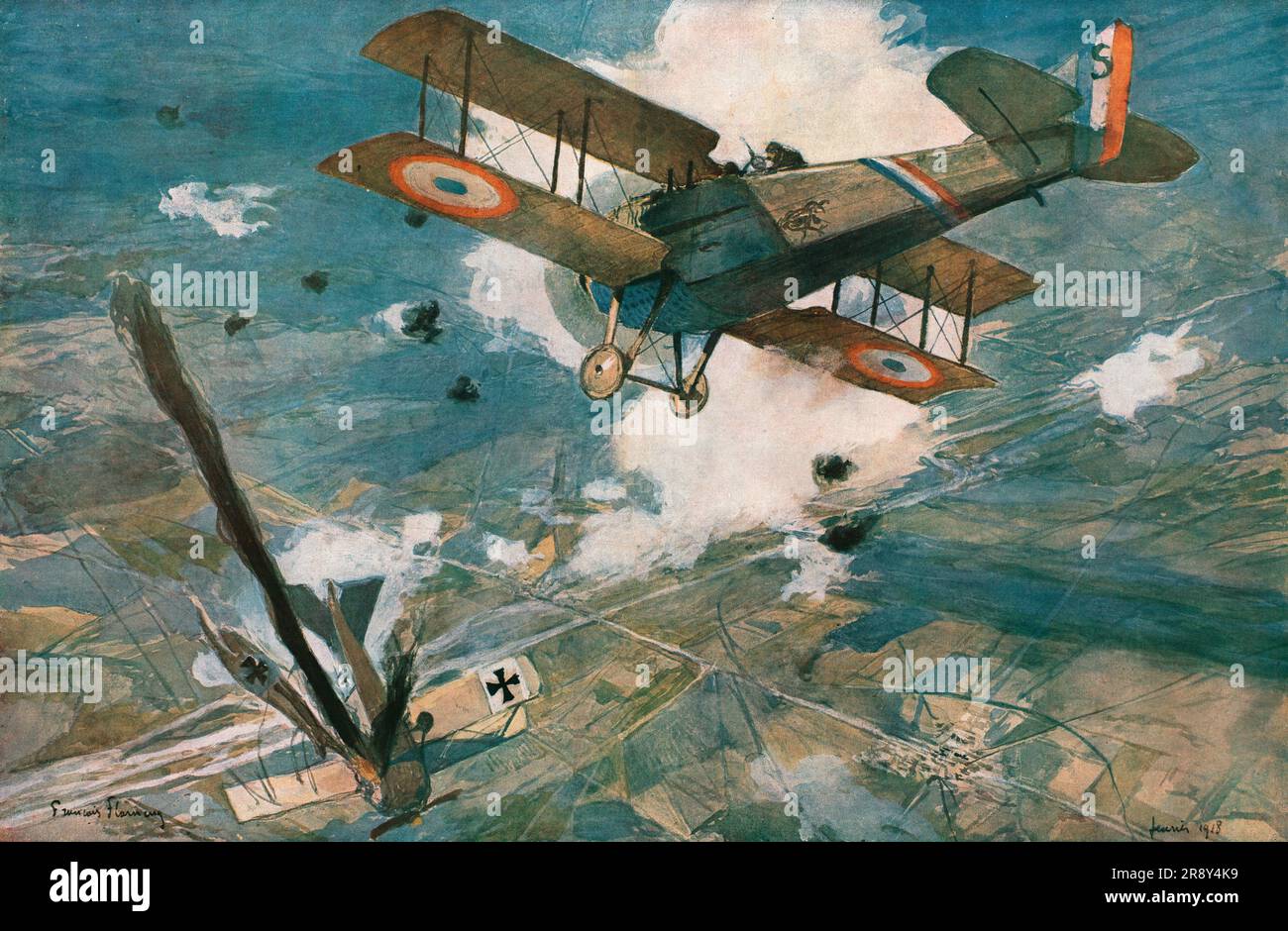 ''Combat Aerien; L'avion ennemi s'abat en flammes. -- Le Spad vainqueur ...