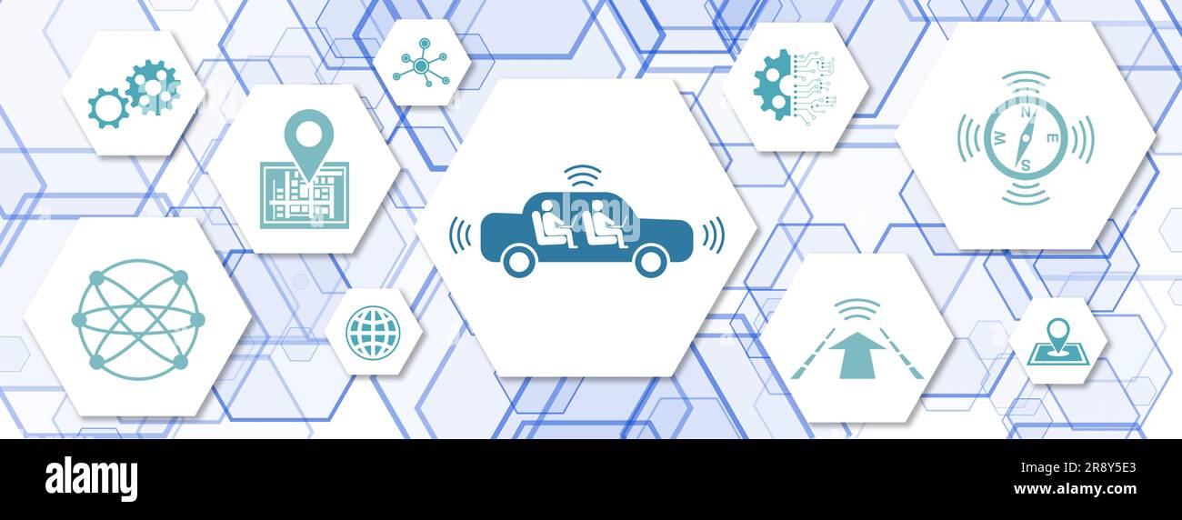 Concept of autonomous vehicle with icons on hexagons Stock Photo - Alamy