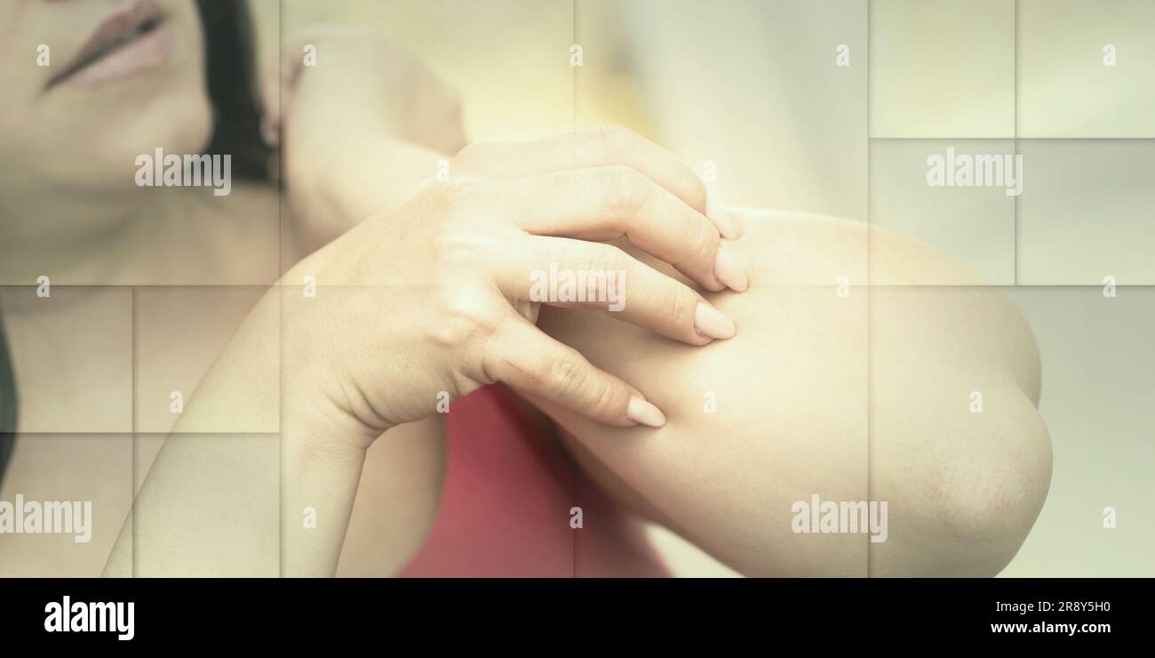 Young woman having itchy and scratching her arm, geometric pattern Stock Photo - Alamy