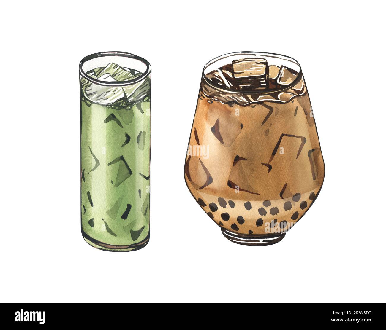 Watercolor iced bubble tea and green matcha in cup. Hand-drawn ...