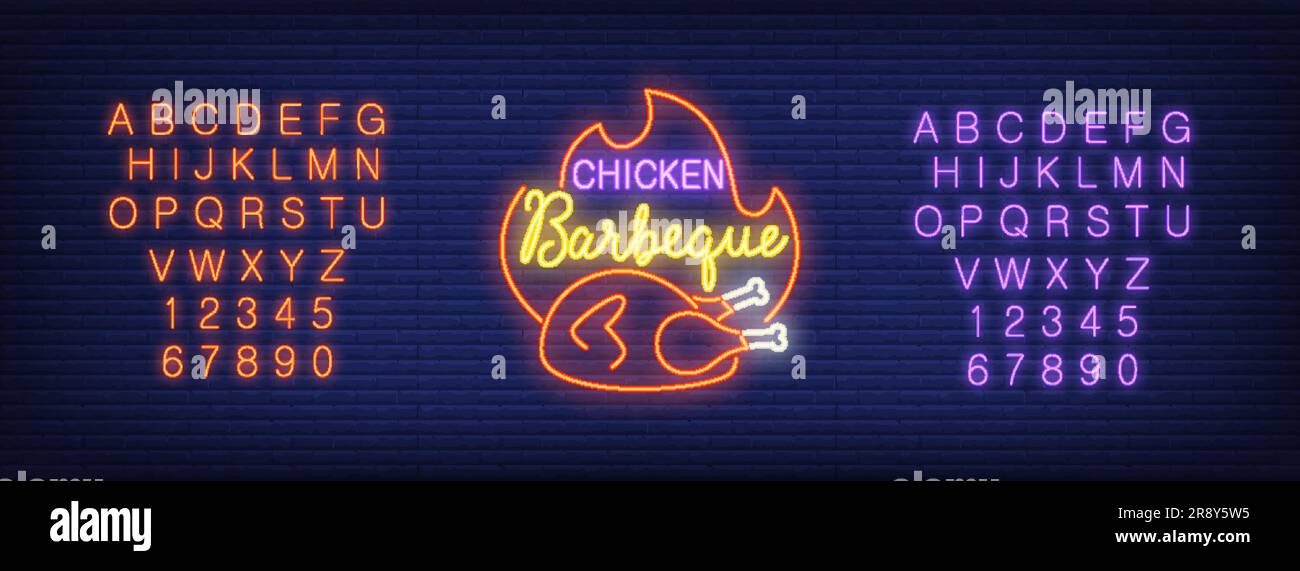 Neon alphabet and chicken barbeque over brick background. Signboard ...