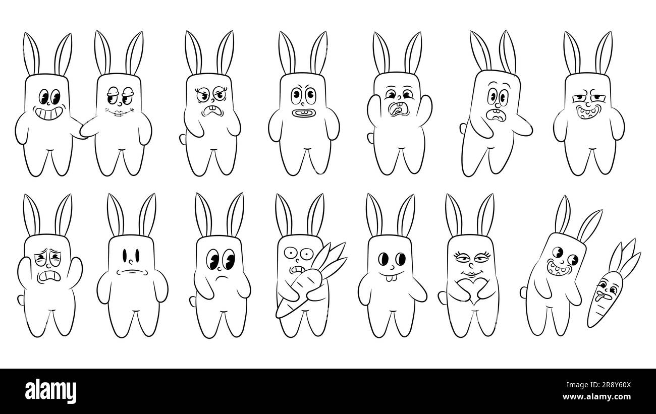 Collection of retro characters hares hippie stickers comic style. set ...
