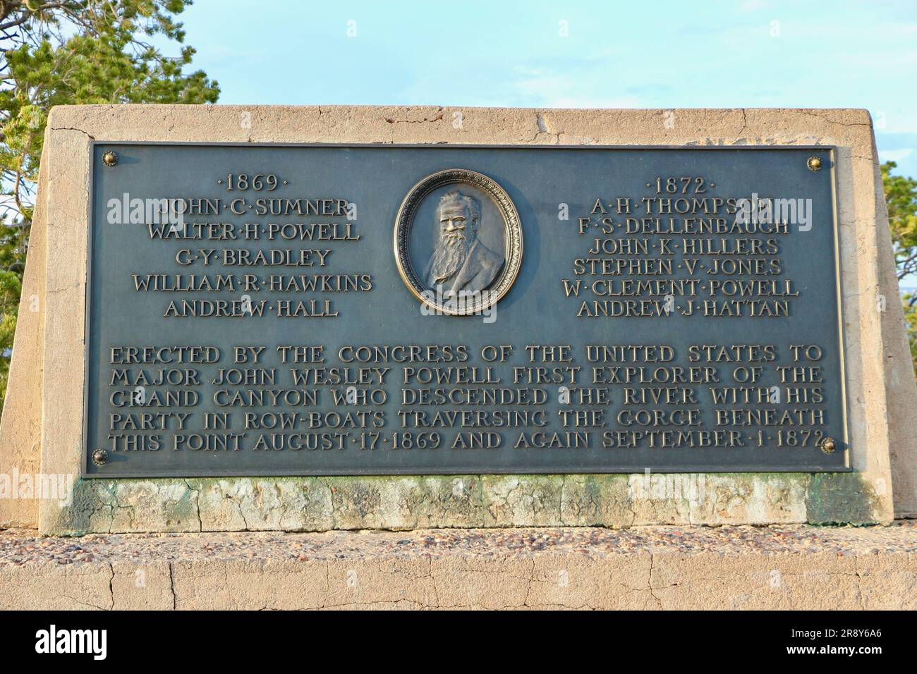 Memorial plaque to geologist Major John Wesley Powell first to navigate the Colorado River ...