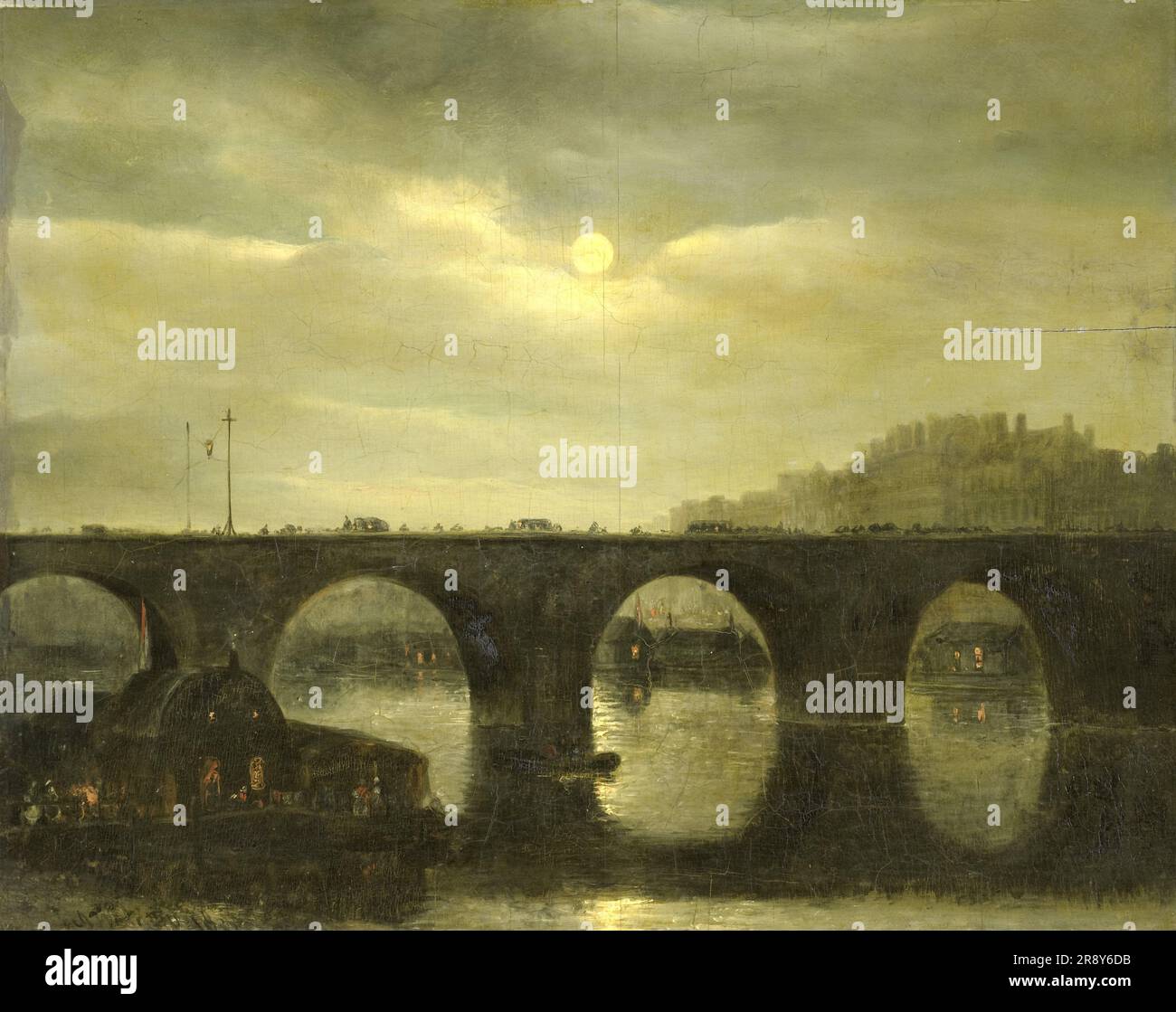 One of the Bridges over the Seine, Paris, in the Moonlight, 1835 Stock ...