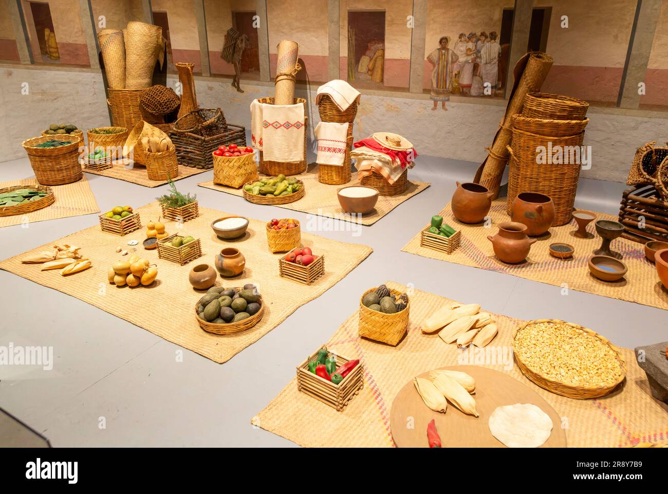 Display of Aztec foods and market, archaeological site and museum of ...