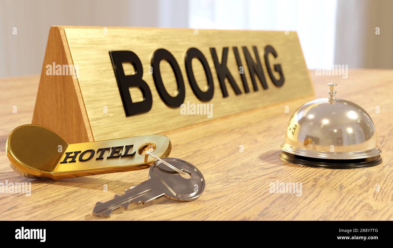 Luxury hotel reception desk with bell and gold service symbol for ...