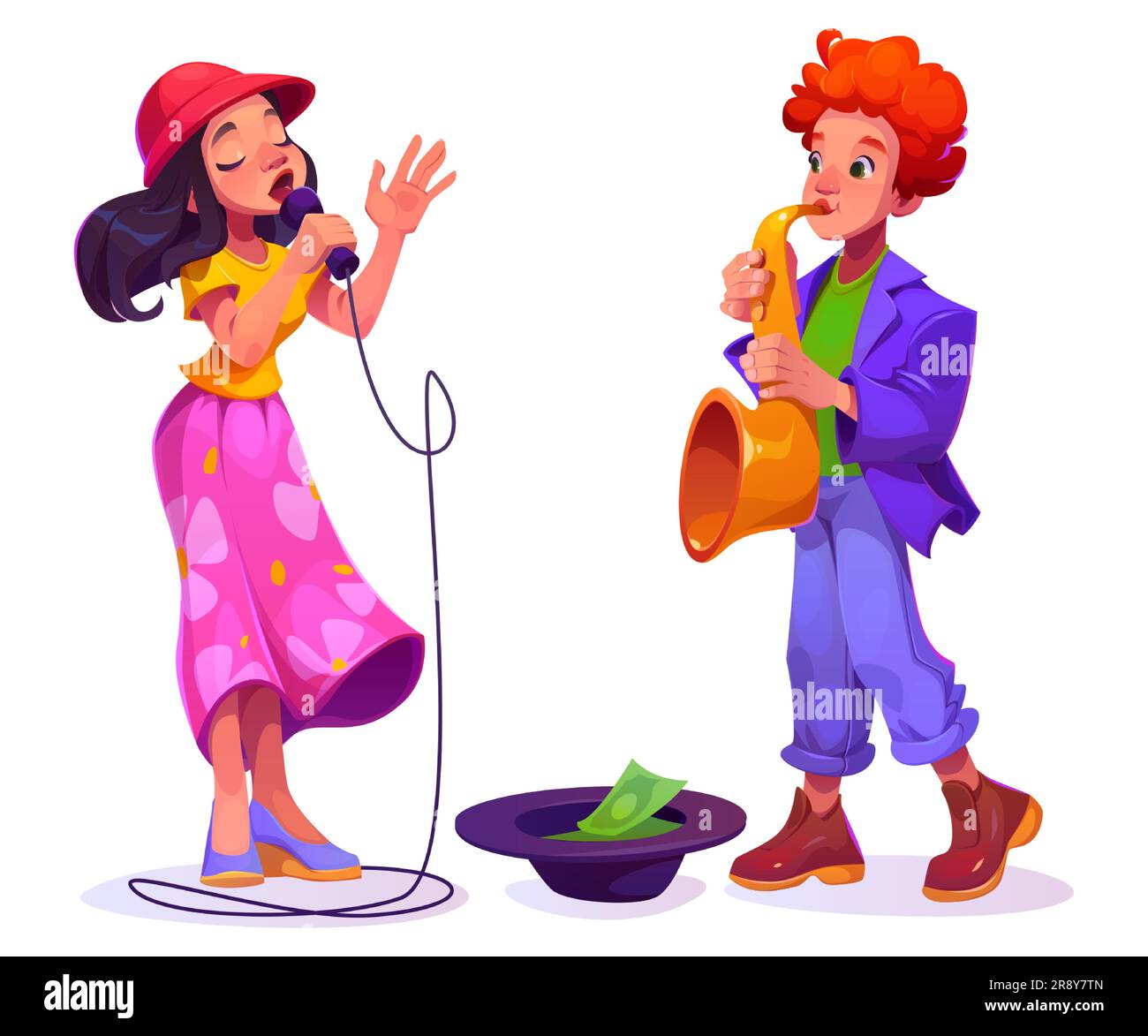 Street musician people band vector illustration. Woman singer and ...