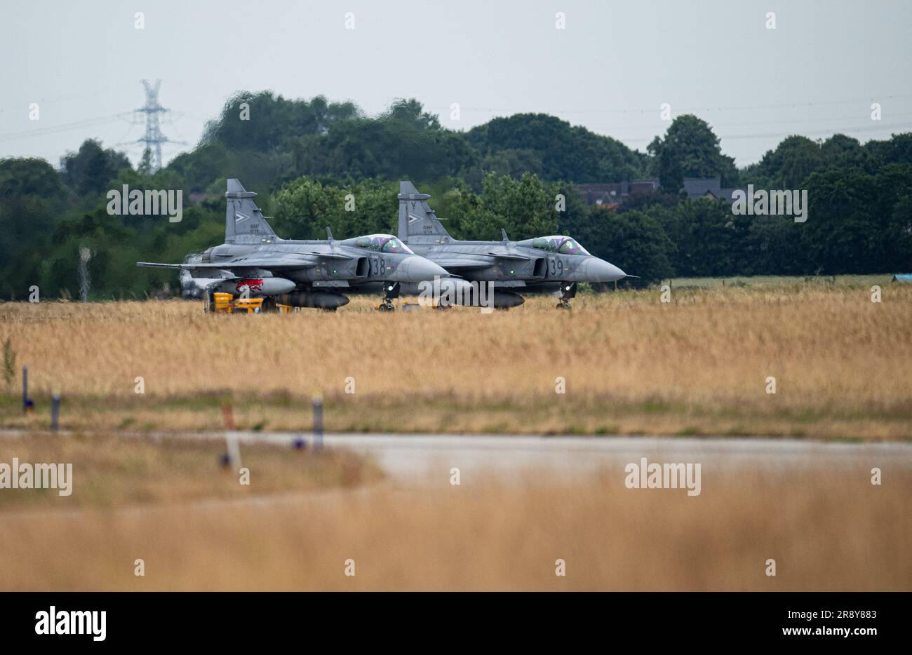 Jagel, Germany. 23rd June, 2023. Two Saab JAS-39D Gripen aircraft stand ...