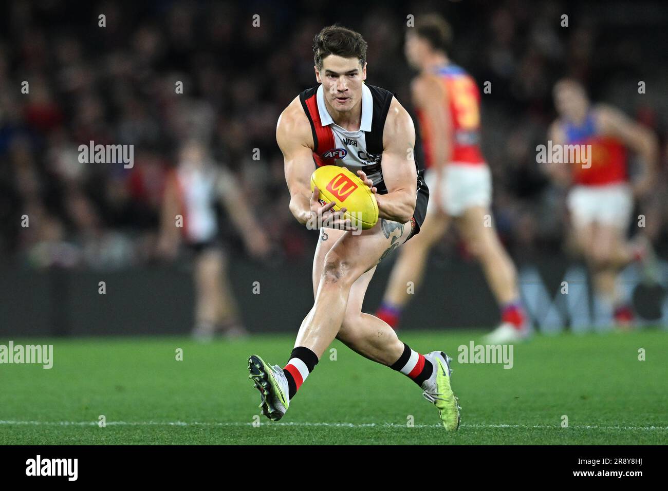 Melbourne, Australia. 23rd June, 2023. Liam Stocker of St Kilda marks ...