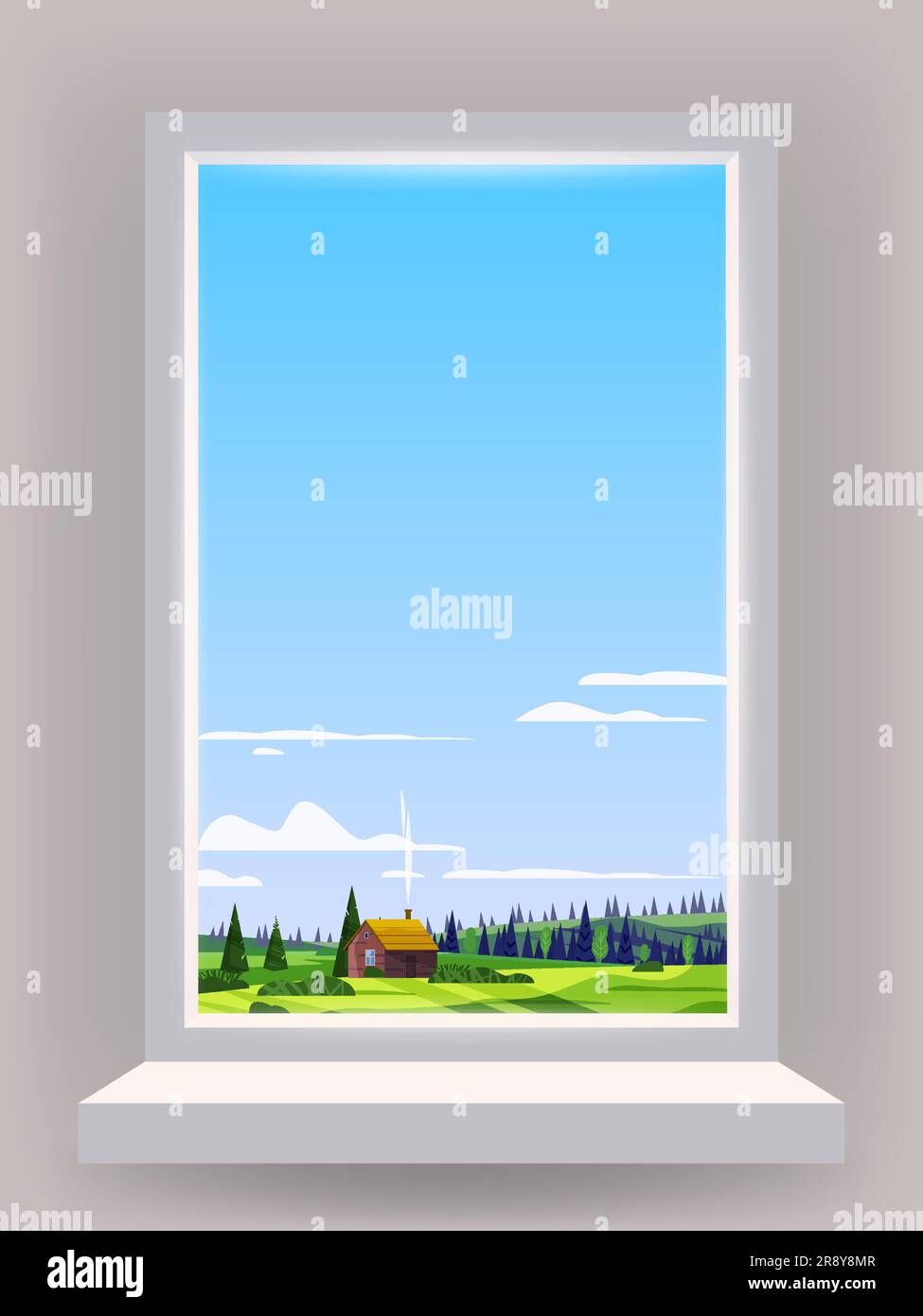 Window view interior, farm, rural landscape, country nature Stock ...