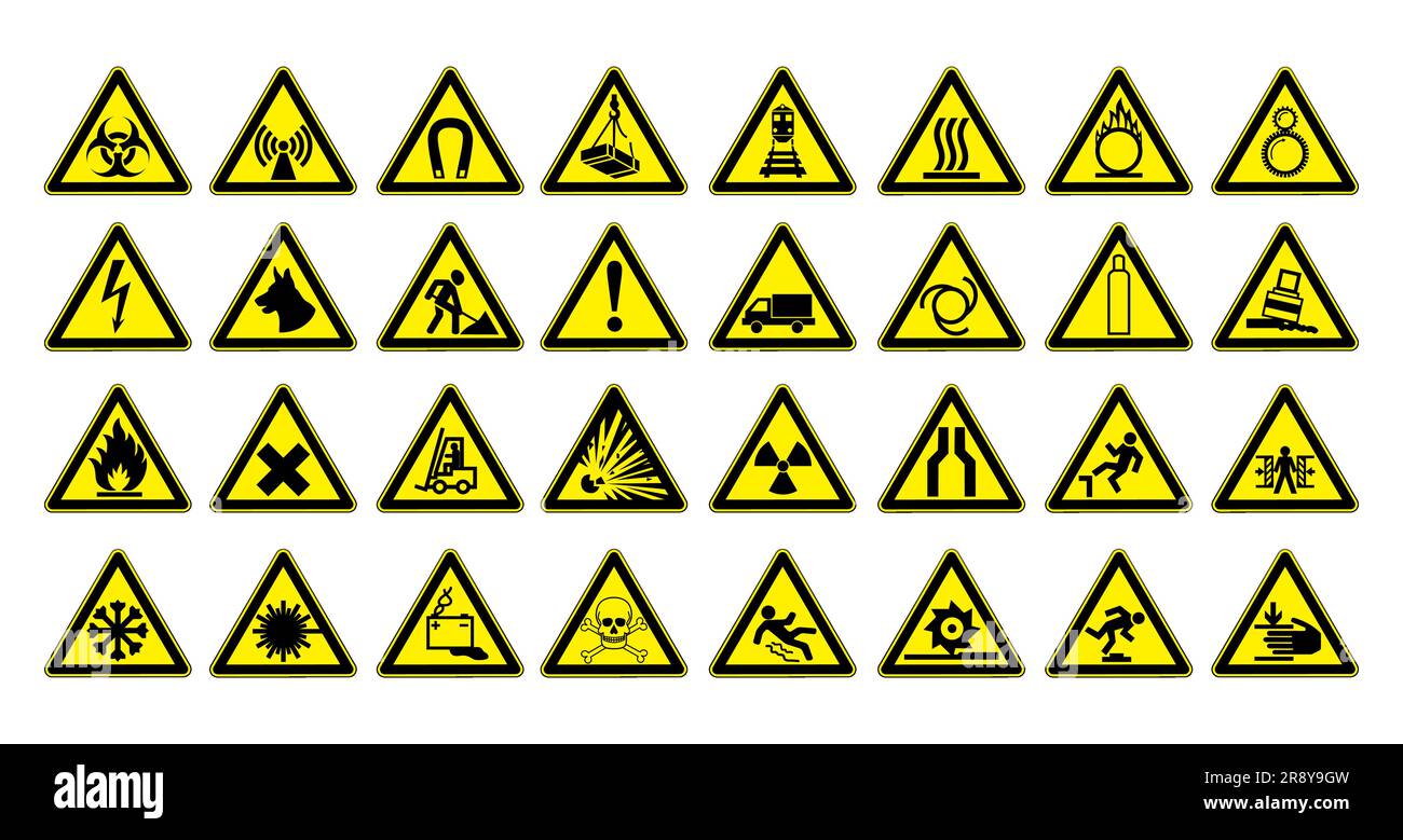 Warning signs large set. Big collection. Safety in workplace. Yellow ...