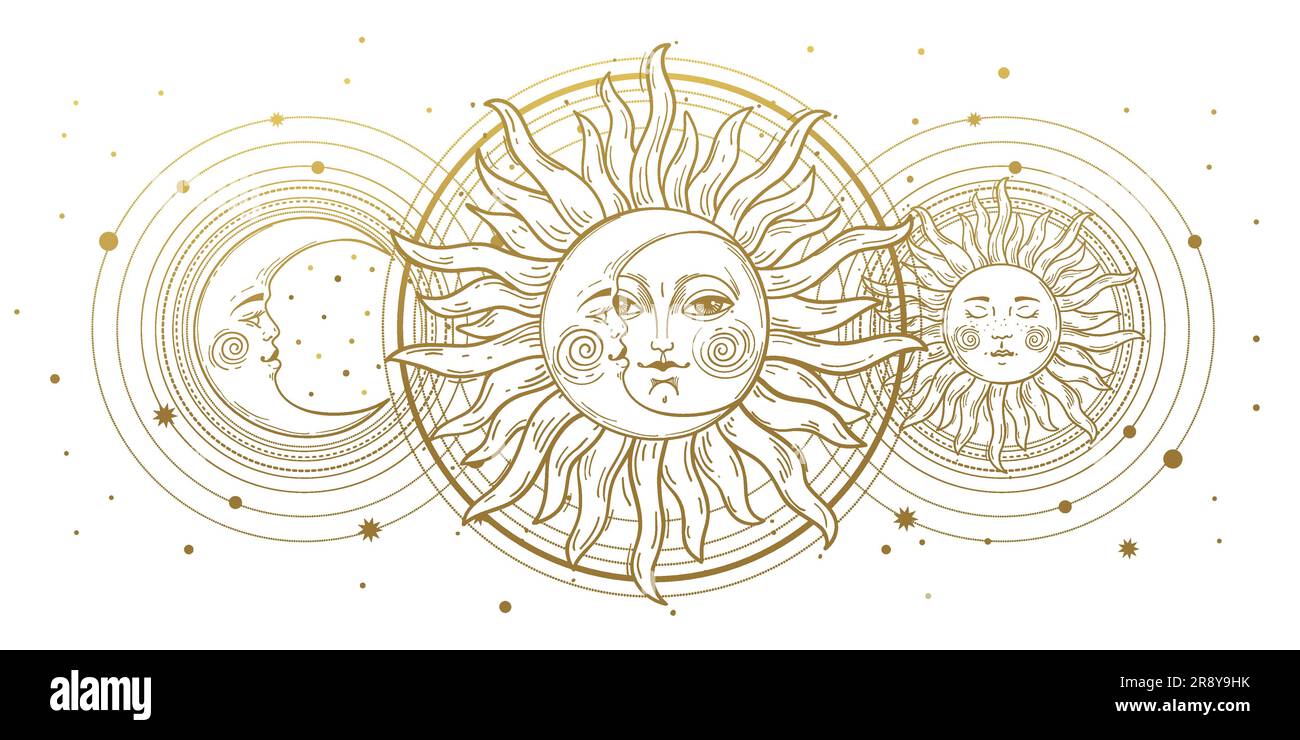 Magic banner for astrology, divination, magic. Golden crescent and sun ...