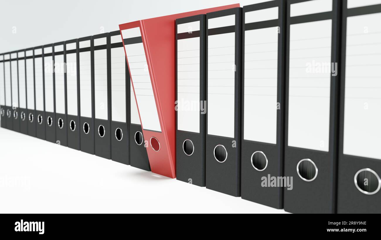 Line of black folder with a red folder leaning out signifies key ...