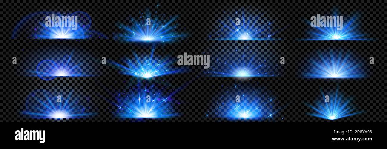 Blue explode glow shine and light ray burst vector effect set isolated on transparent background ...