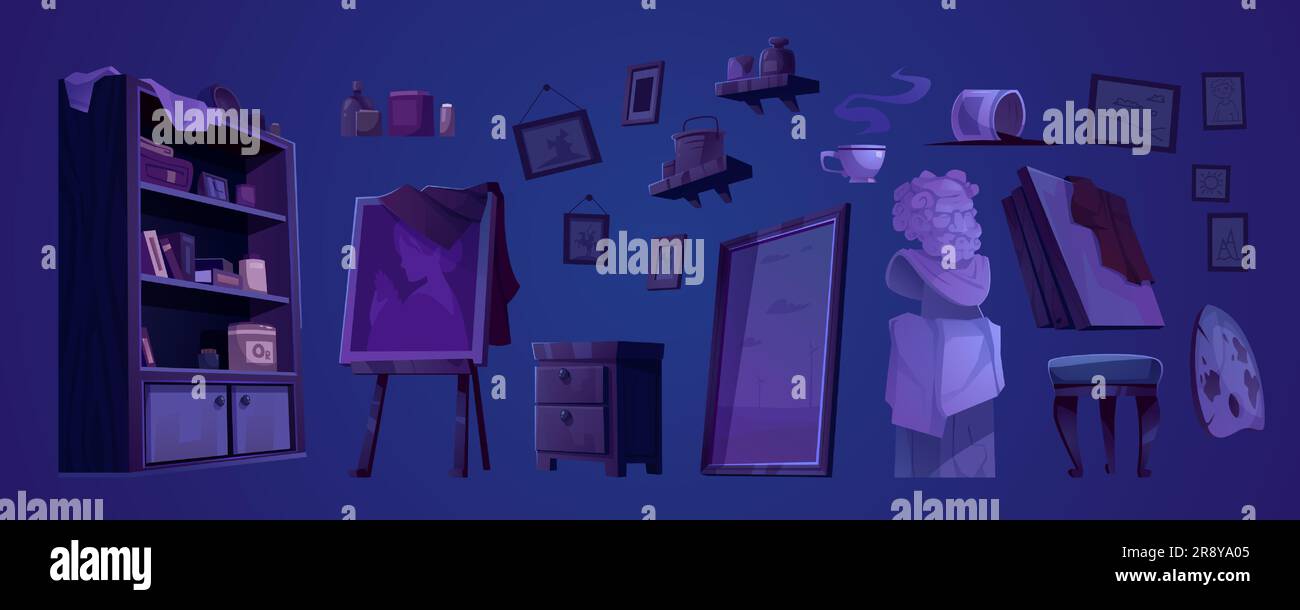 Night art studio room with easel interior paint set. Artist workshop ...