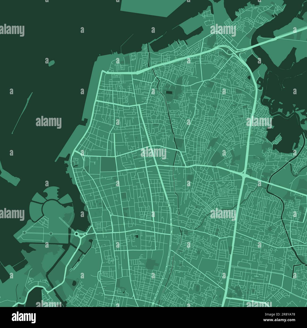 Detailed map poster of Makassar city administrative area. Green skyline panorama. Decorative ...