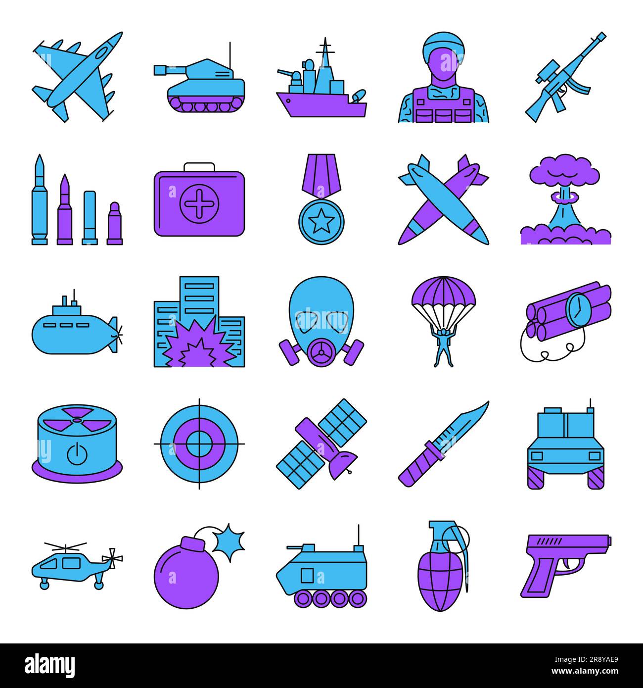 War and army equipment line icon set. Ammunition, transport and weapons ...