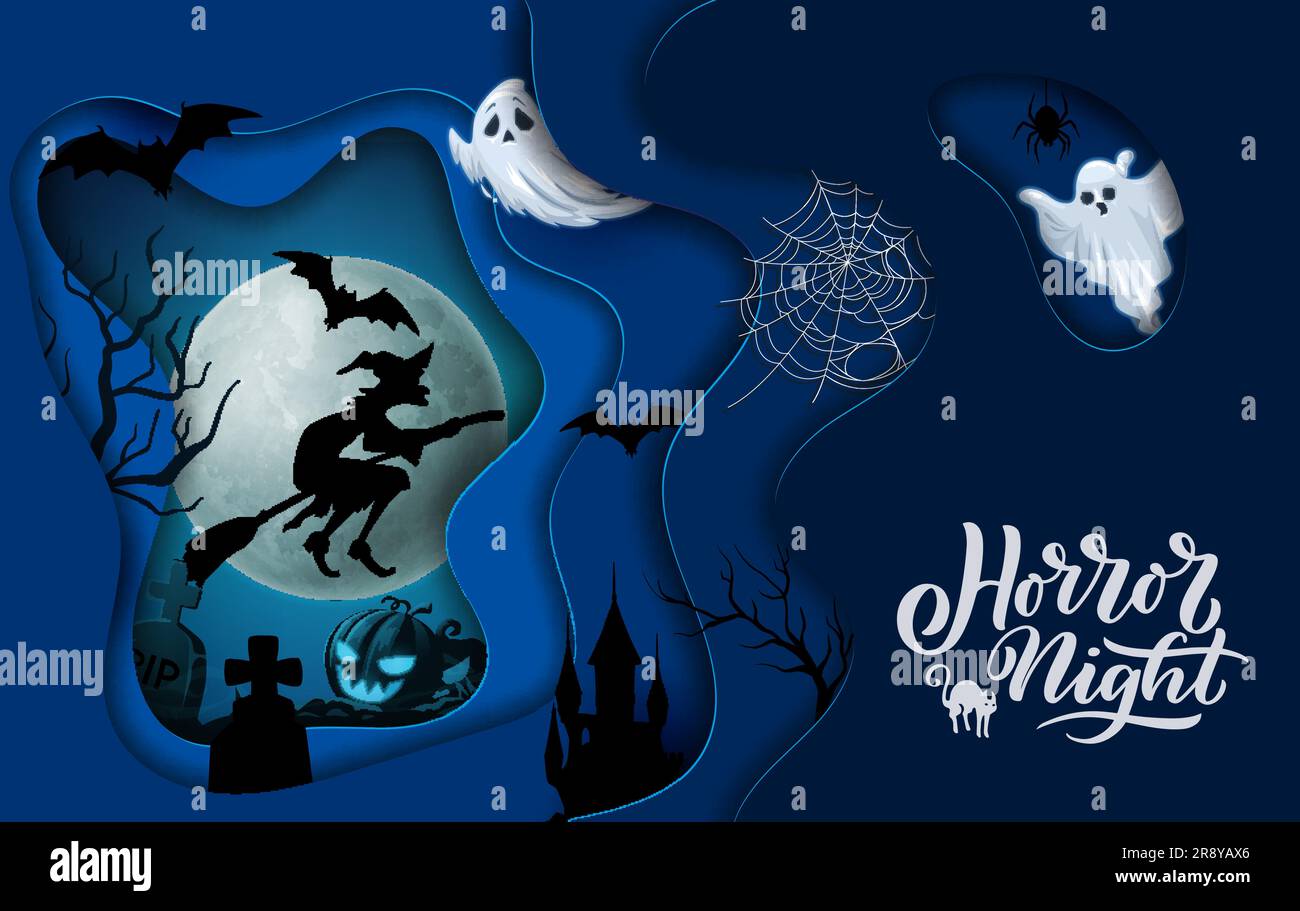 Halloween paper cut, flying witch, ghosts and castle. Vector 3d effect ...
